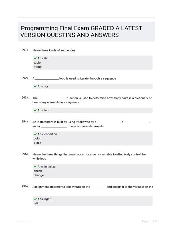 Programming Final Exam GRADED A LATEST VERSION QUESTINS AND ANSWERS