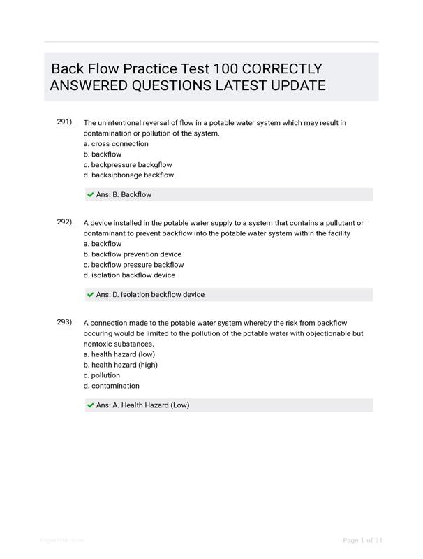 Back Flow Practice Test 100 CORRECTLY ANSWERED QUESTIONS LATEST UPDATE