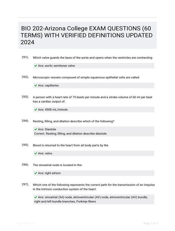BIO 202-Arizona College EXAM QUESTIONS (60 TERMS) WITH VERIFIED ...