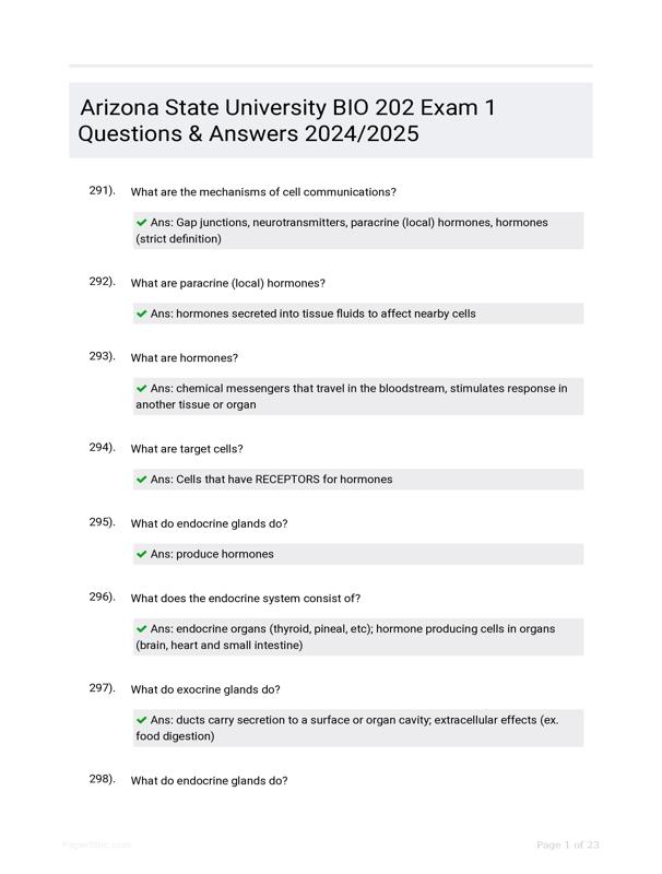 Arizona State University BIO 202 Exam 1 Questions & Answers 2024/2025