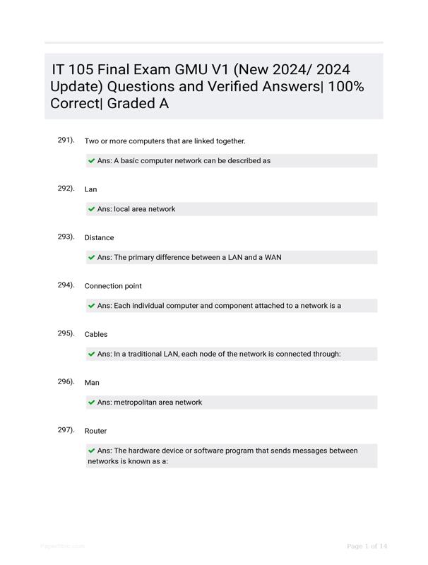IT 105 Final Exam GMU V1 (New 2024/ 2024 Update) Questions And Verified ...