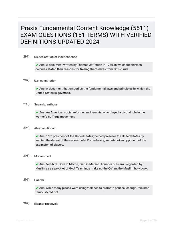 Praxis Fundamental Content Knowledge (5511) EXAM QUESTIONS (151 TERMS ...