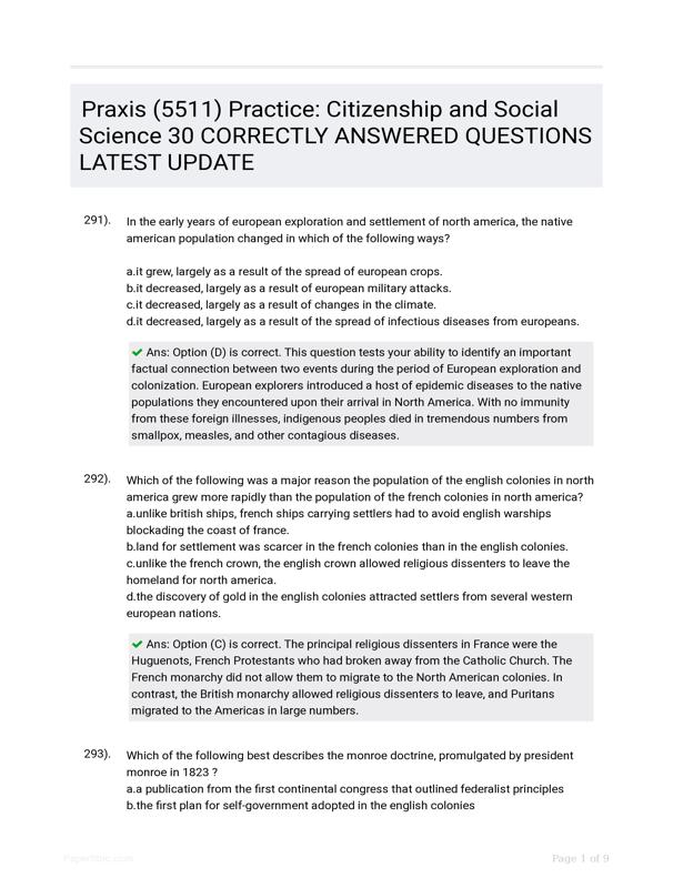 Praxis (5511) Practice: Citizenship And Social Science 30 CORRECTLY ...