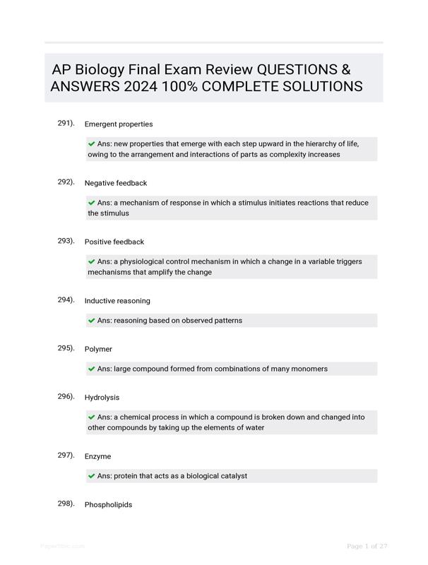 AP Biology Final Exam Review QUESTIONS & ANSWERS 2024 100% COMPLETE ...