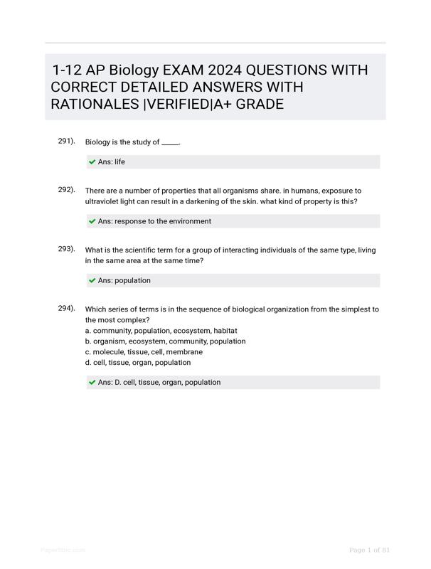 1-12 AP Biology EXAM 2024 QUESTIONS WITH CORRECT DETAILED ANSWERS WITH ...