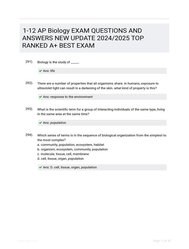 1-12 AP Biology EXAM QUESTIONS AND ANSWERS NEW UPDATE 2024/2025 TOP ...