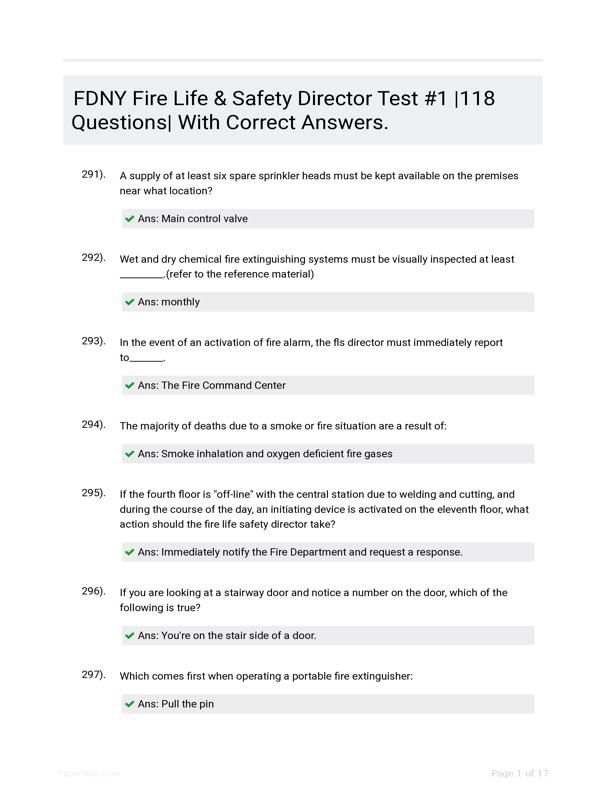 FDNY Fire Life & Safety Director Test #1 |118 Questions| With Correct ...