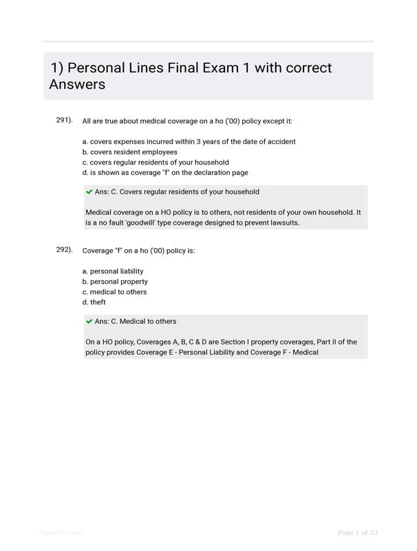 1) Personal Lines Final Exam 1 With Correct Answers