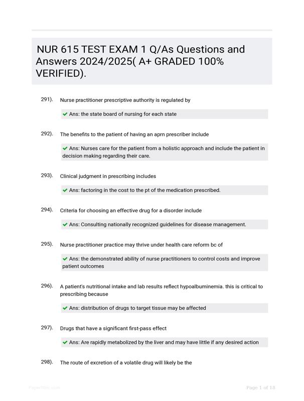 NUR 615 TEST EXAM 1 Q/As Questions And Answers 2024/2025( A+ GRADED 100 ...