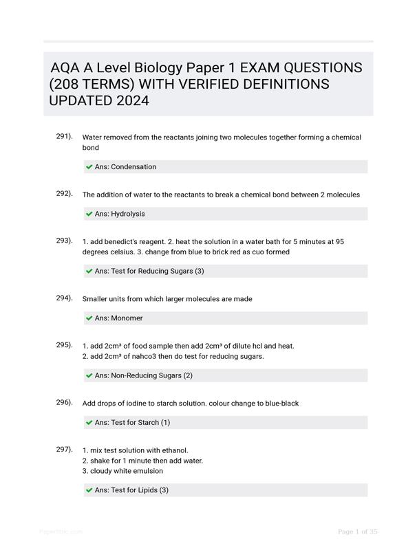 AQA A Level Biology Paper 1 EXAM QUESTIONS (208 TERMS) WITH VERIFIED ...