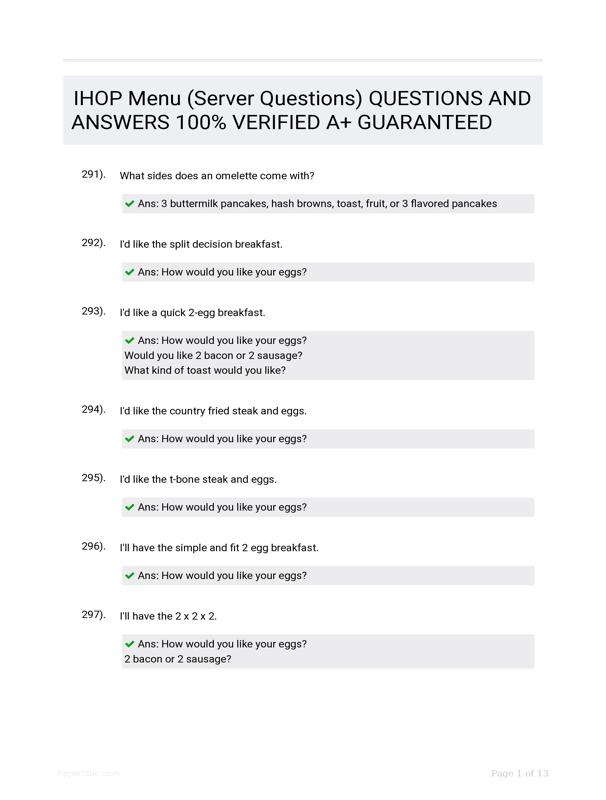 IHOP Menu (Server Questions) QUESTIONS AND ANSWERS 100% VERIFIED A+ ...