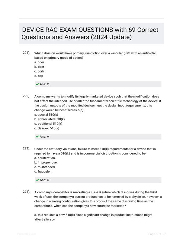 DEVICE RAC EXAM QUESTIONS With 69 Correct Questions And Answers (2024 ...