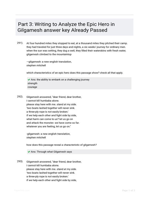 Part 3: Writing To Analyze The Epic Hero In Gilgamesh Answer Key ...