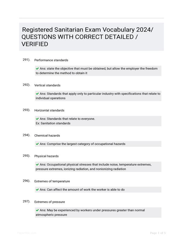 Registered Sanitarian Exam Vocabulary 2024/ QUESTIONS WITH CORRECT ...