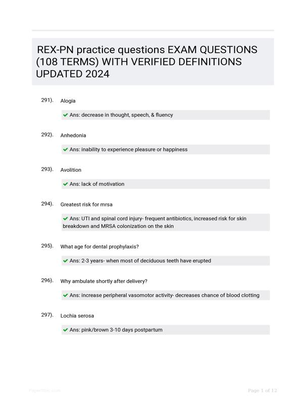 REX-PN Practice Questions EXAM QUESTIONS (108 TERMS) WITH VERIFIED ...