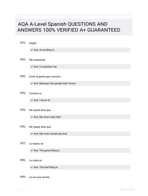 AQA A-Level Spanish QUESTIONS AND ANSWERS 100% VERIFIED A+ GUARANTEED