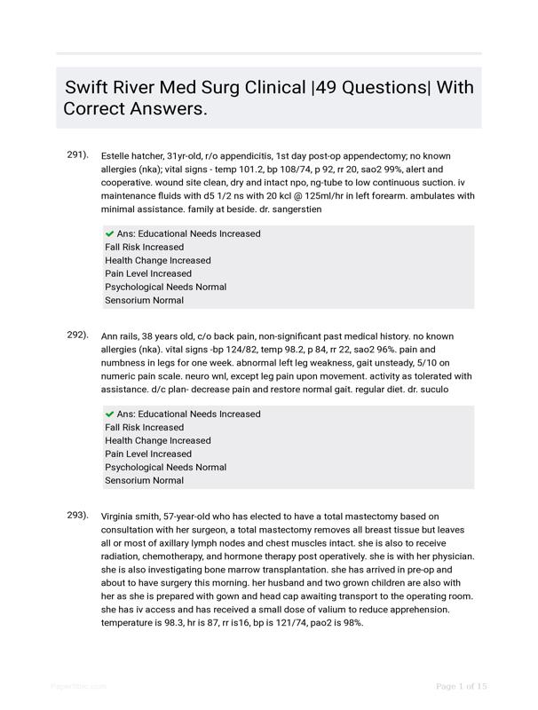 Swift River Med Surg Clinical |49 Questions| With Correct Answers. Swift River Med Surg Clinical |49 Questions| With Correct Answers.