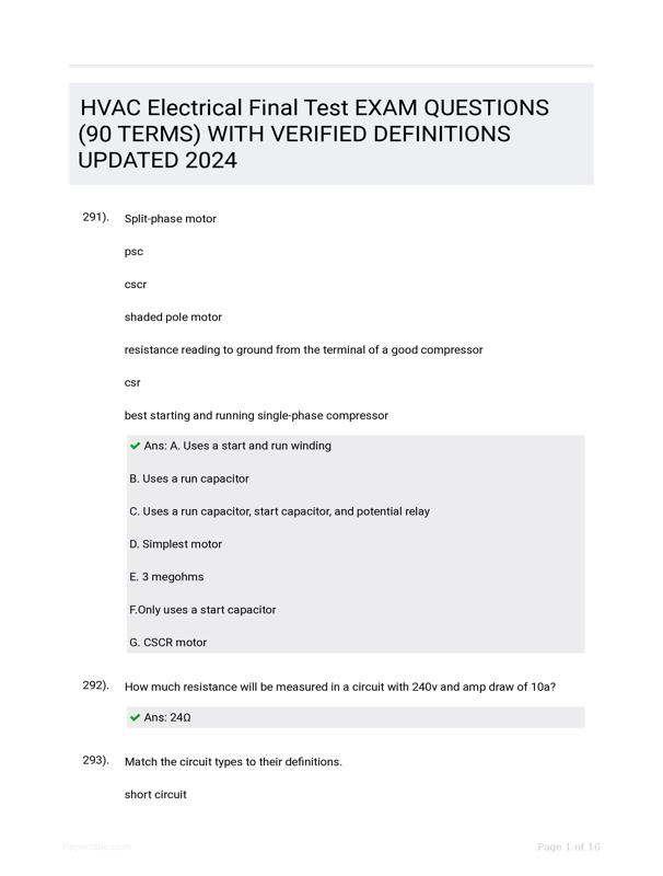 HVAC Electrical Final Test EXAM QUESTIONS (90 TERMS) WITH VERIFIED ...