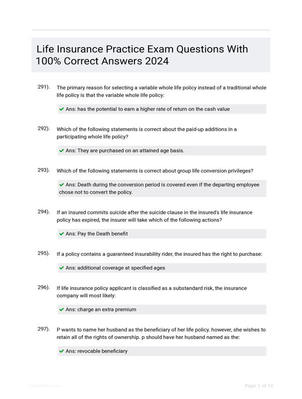 Life Insurance Practice Exam Questions With 100% Correct Answers 2024