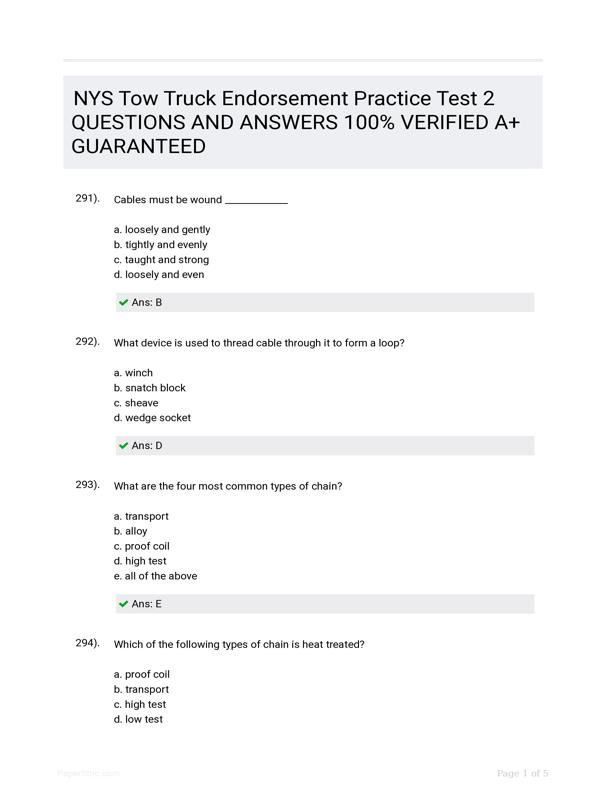 NYS Tow Truck Endorsement Practice Test 2 QUESTIONS AND ANSWERS 100% ...