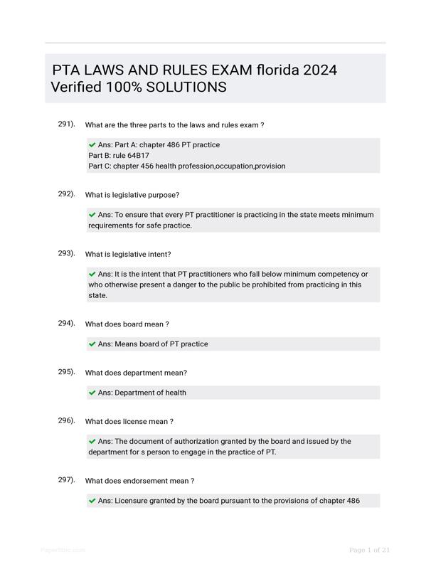 PTA LAWS AND RULES EXAM Florida 2024 Verified 100% SOLUTIONS