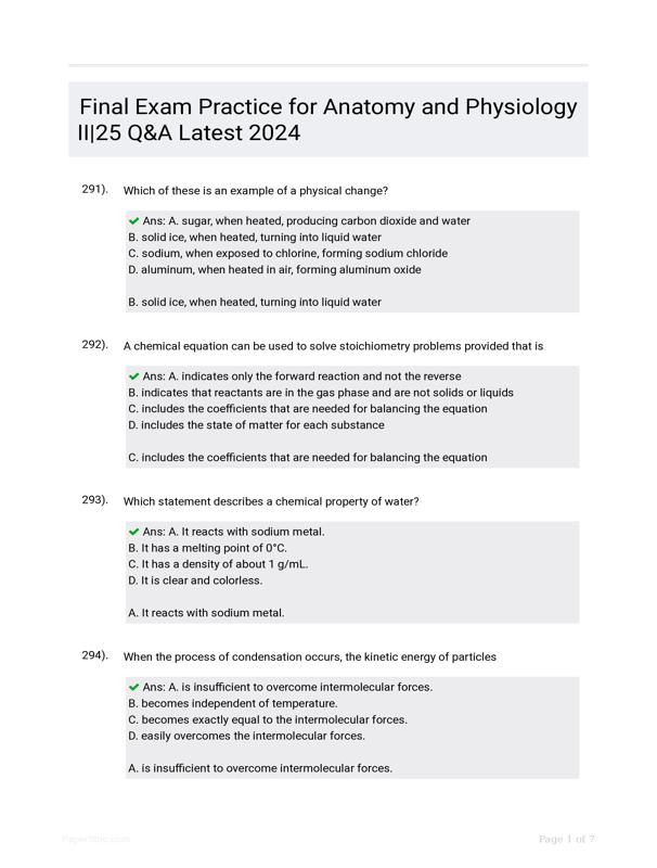 Final Exam Practice For Anatomy And Physiology II|25 Q&A Latest 2024