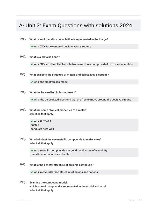 A- Unit 3: Exam Questions With Solutions 2024