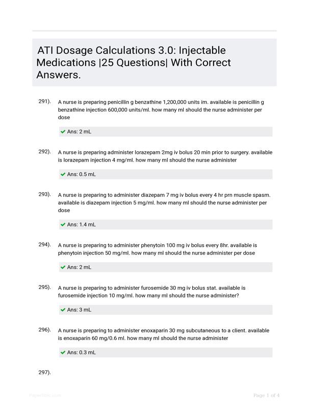 ATI Dosage Calculations 3.0: Injectable Medications |25 Questions| With ...