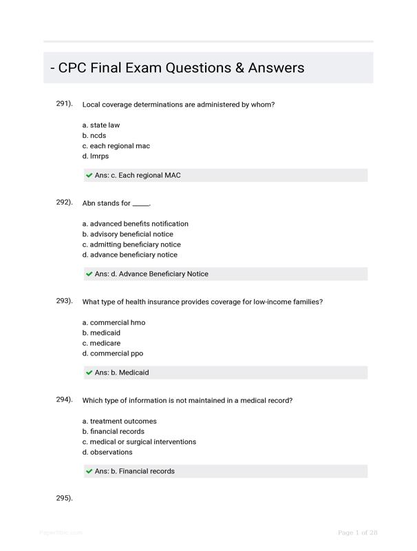 - CPC Final Exam Questions & Answers