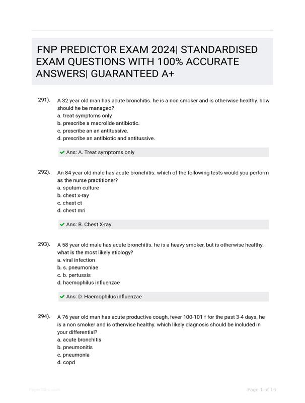 FNP PREDICTOR EXAM 2024| STANDARDISED EXAM QUESTIONS WITH 100% ACCURATE ...