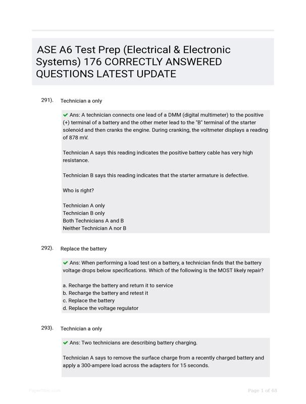 ASE A6 Test Prep (Electrical & Electronic Systems) 176 CORRECTLY ...