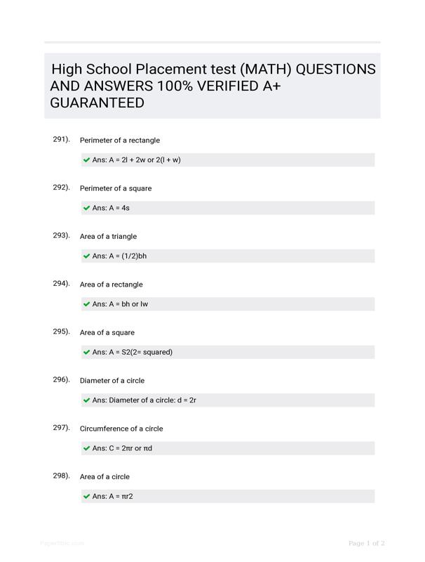 High School Placement Test (MATH) QUESTIONS AND ANSWERS 100% VERIFIED ...