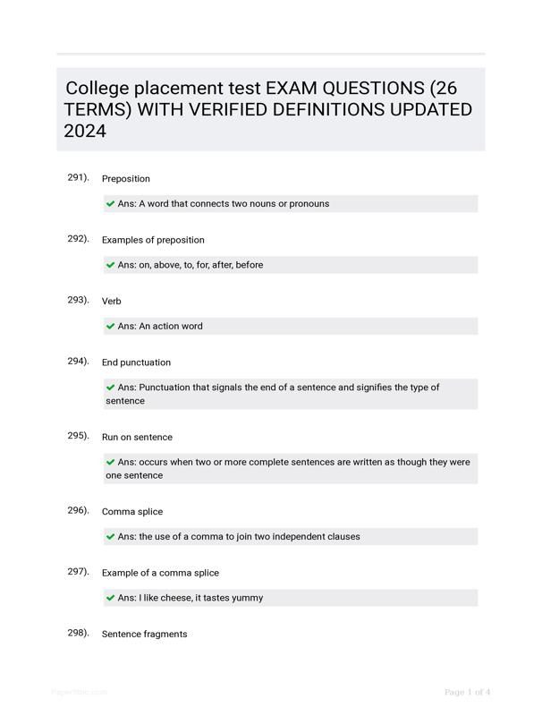 College Placement Test EXAM QUESTIONS (26 TERMS) WITH VERIFIED ...