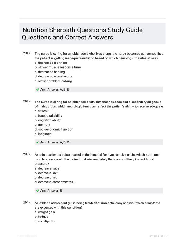 Nutrition Sherpath Questions Study Guide Questions And Correct Answers Nutrition Sherpath Questions Study Guide Questions And Correct Answers