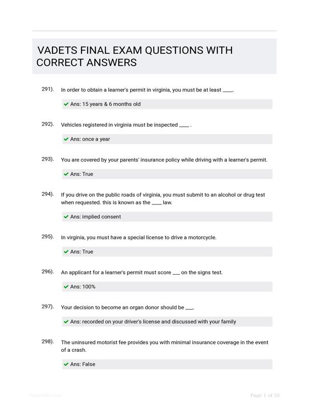 VADETS FINAL EXAM QUESTIONS WITH CORRECT ANSWERS