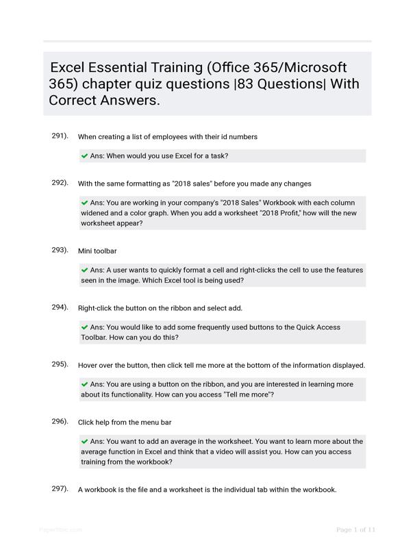 Excel Essential Training (Office 365/Microsoft 365) Chapter Quiz Questions |83 Questions| With ...