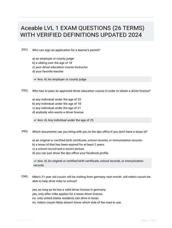 Aceable LVL 1 EXAM QUESTIONS (26 TERMS) WITH VERIFIED DEFINITIONS ...
