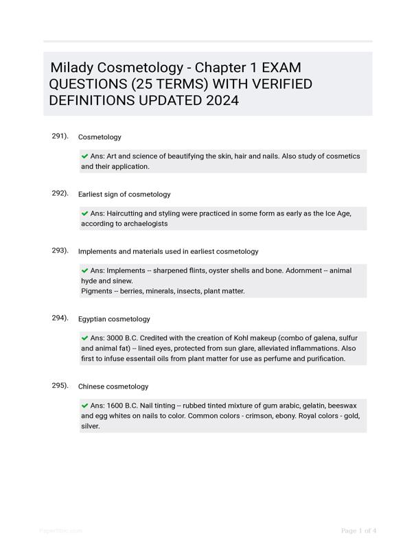 Milady Cosmetology - Chapter 1 EXAM QUESTIONS (25 TERMS) WITH VERIFIED ...