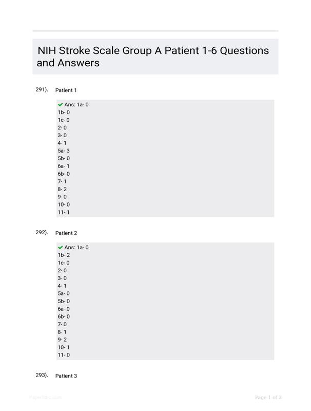 NIH Stroke Scale Group A Patient 1-6 Questions And Answers