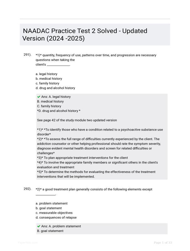 NAADAC Practice Test 2 Solved - Updated Version (2024 -2025)