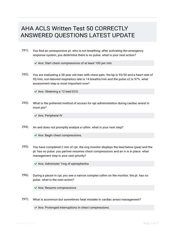AHA ACLS Written Test 50 CORRECTLY ANSWERED QUESTIONS LATEST UPDATE