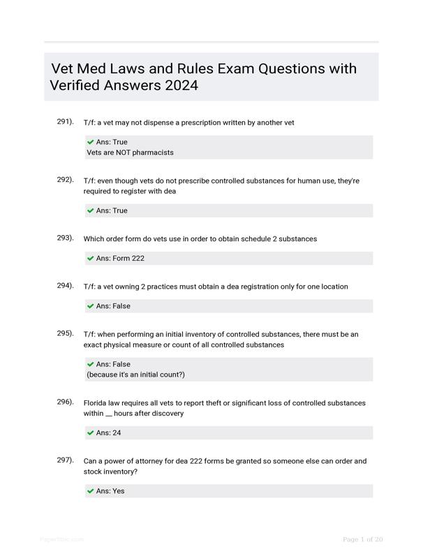 Vet Med Laws And Rules Exam Quiz With 100% Correct Answers..