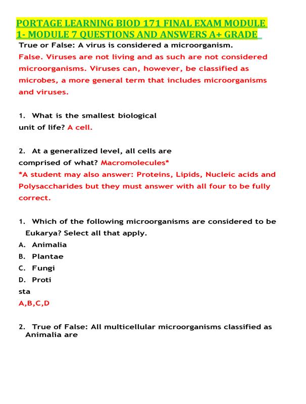 PORTAGE LEARNING BIOD 171 FINAL EXAM MODULE 1- MODULE 7 QUESTIONS AND ...