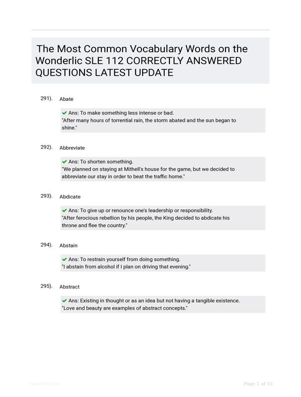The Most Common Vocabulary Words On TheWonderlic SLE 112 CORRECTLY ...