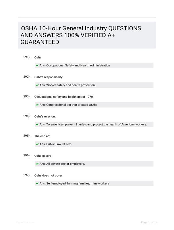 OSHA 10-Hour General Industry QUESTIONS AND ANSWERS 100% VERIFIED A+ ...