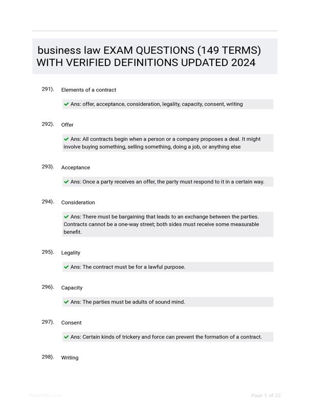 Business Law EXAM QUESTIONS (149 TERMS) WITH VERIFIED DEFINITIONS ...