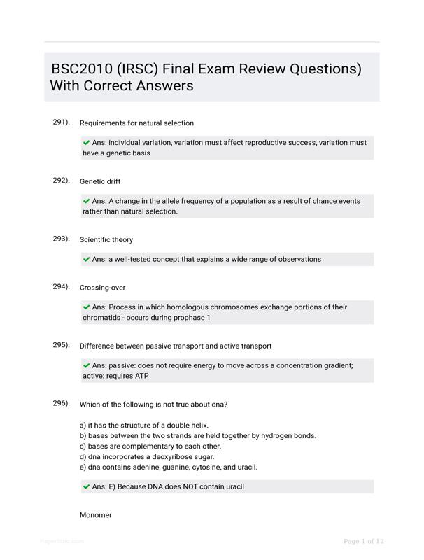 BSC2010 (IRSC) Final Exam Review Questions) With Correct Answers