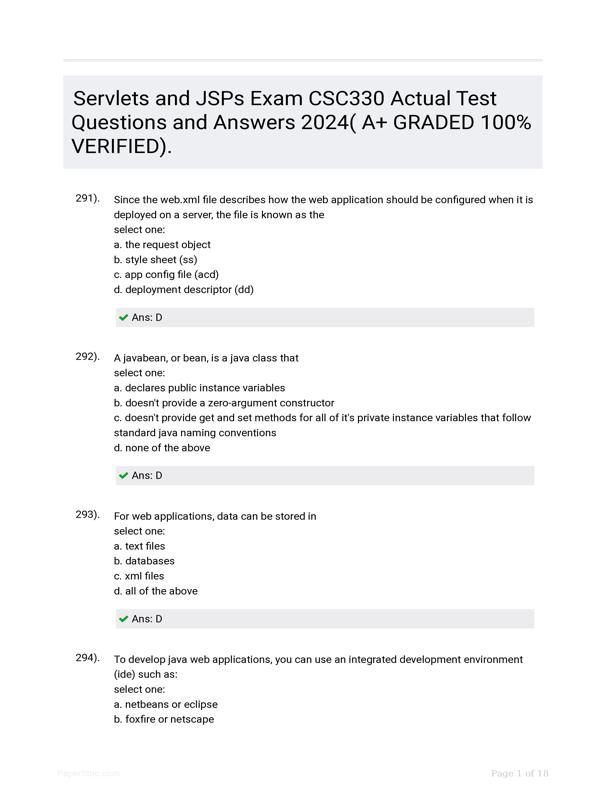 Servlets And JSPs Exam CSC330 Actual Test Questions And Answers 2024 ...