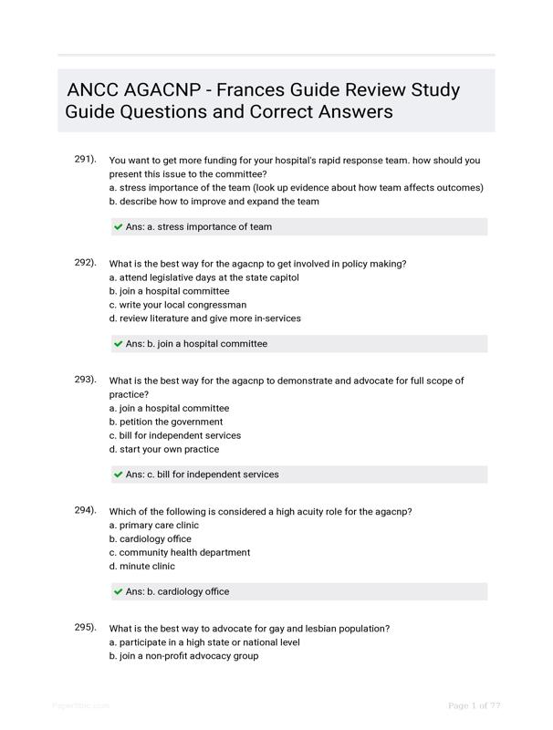 ANCC AGACNP - Frances Guide Review Study Guide Questions And Correct ...