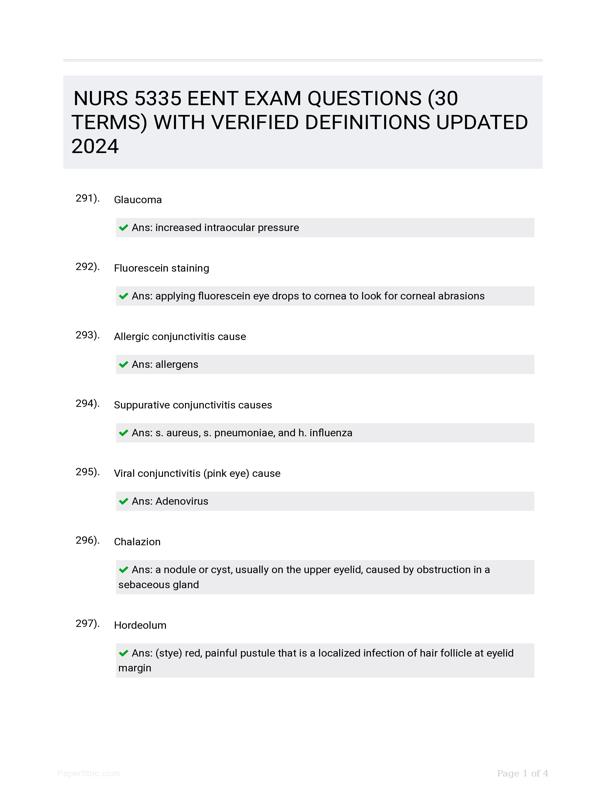 NURS 5335 EENT EXAM QUESTIONS (30 TERMS) WITH VERIFIED DEFINITIONS ...